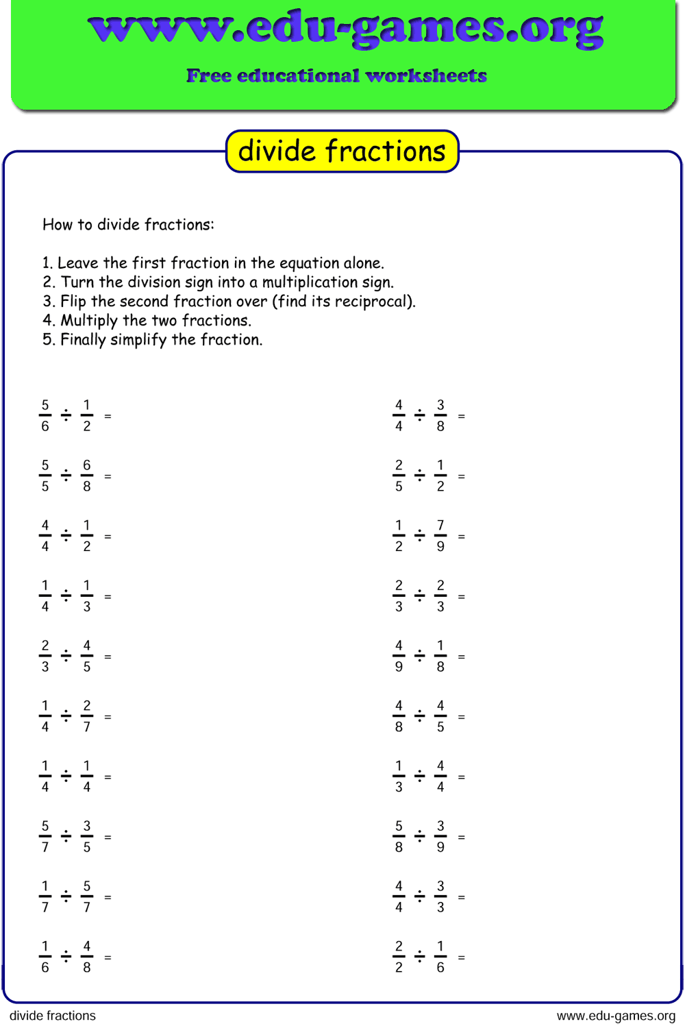 Dividing Fractions Worksheets 7th Grade Long Division Worksheets