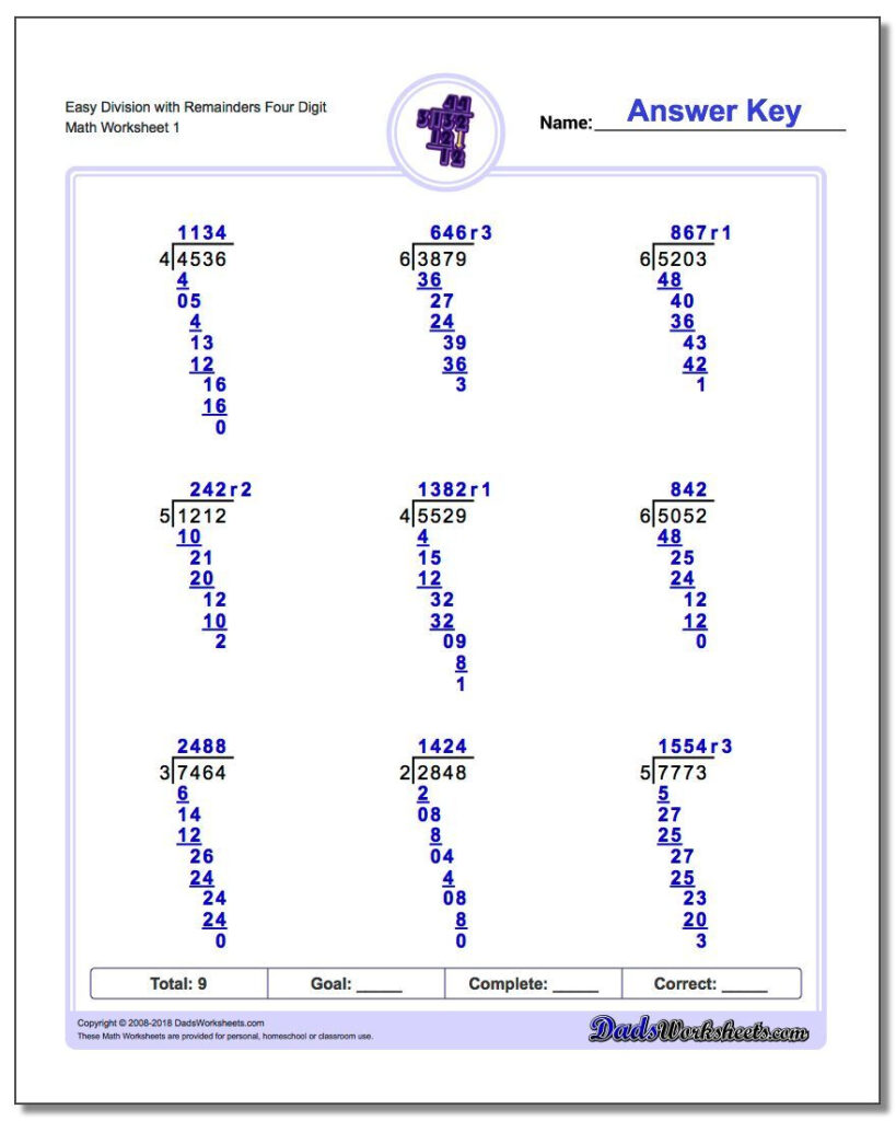 Long Division Worksheets With Answer Key | Long Division Worksheets