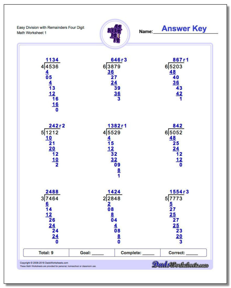 Long Division Worksheets Answer Key | Long Division Worksheets