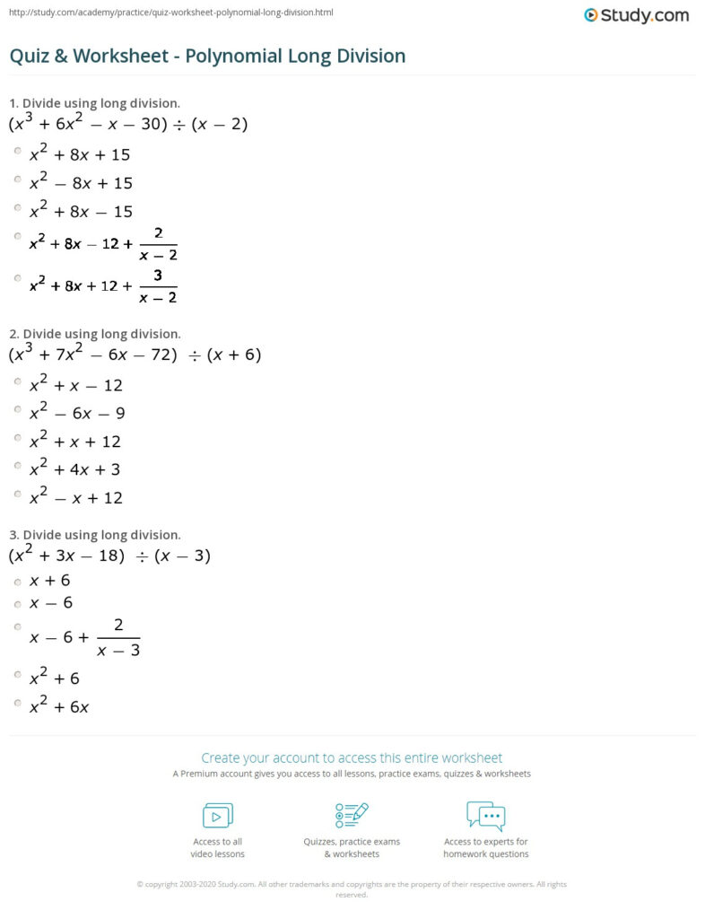 Quiz Worksheet Polynomial Long Division Study | Long Division Worksheets