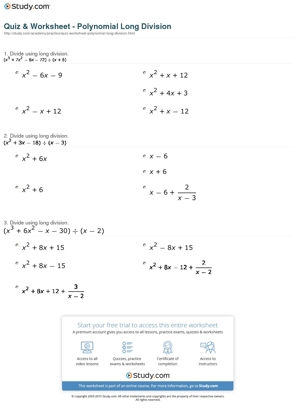Practice Worksheet Polynomial Long Division Long Division Worksheets